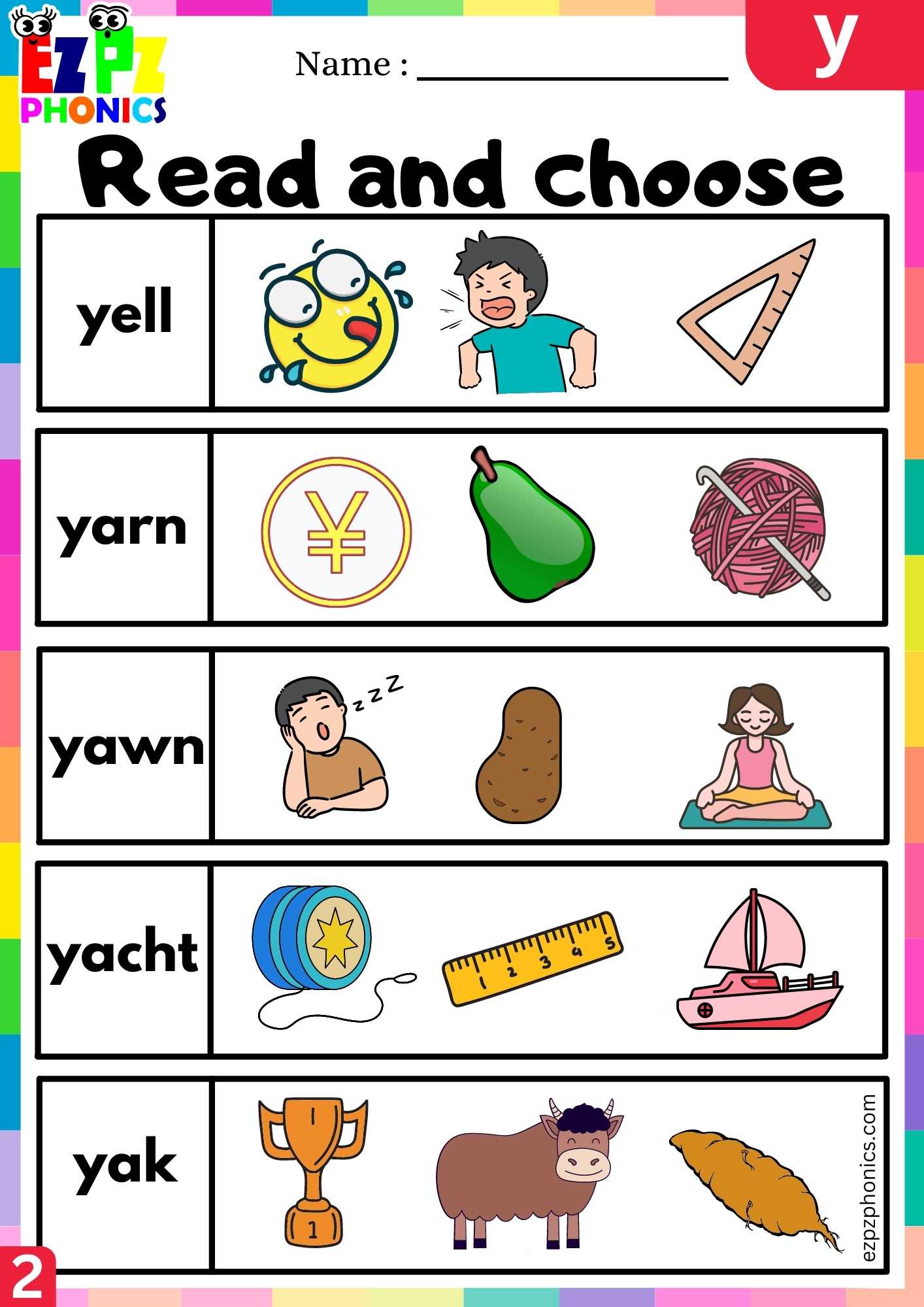 Group2 Letter Y Read And Choose Beginning Sounds Worksheet - ezpzphonics.com